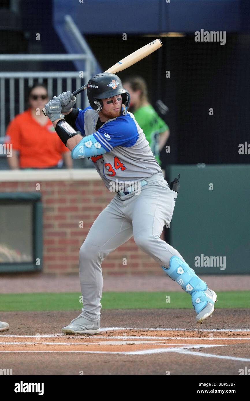 Ethan Anderson (34) of the Aberdeen IronBirds at bat in a South Atlantic League game against the ...