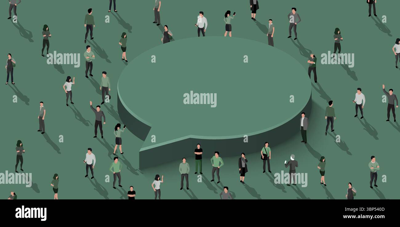 Large group of people standing around chat bubble symbol. Vector ...