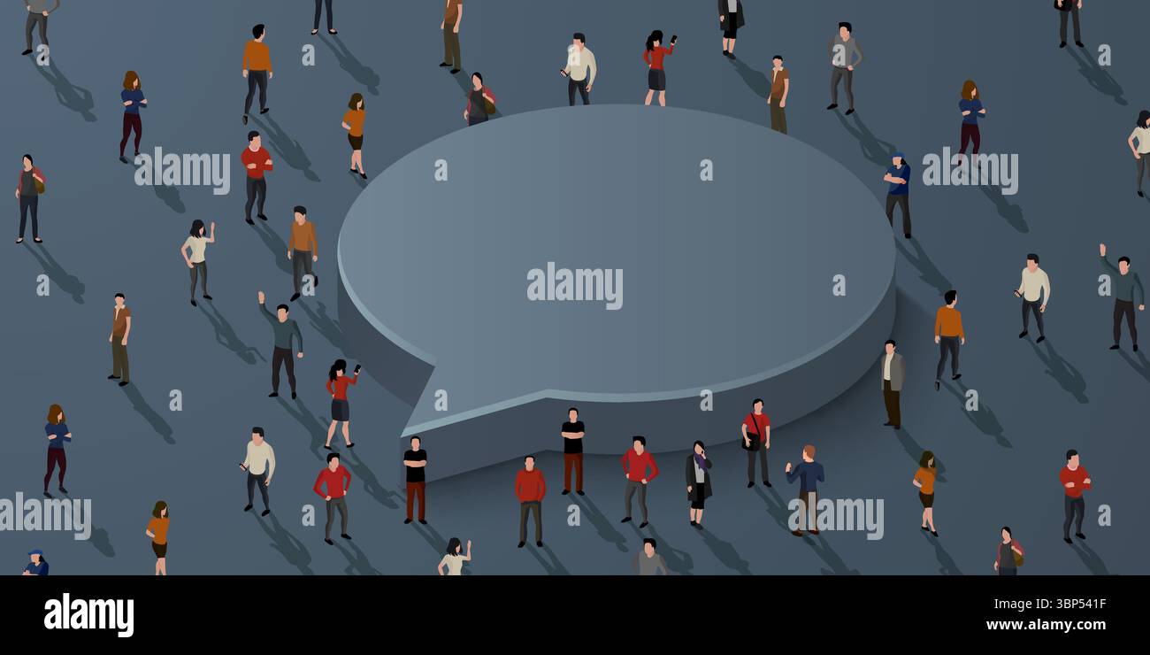 Large group of people standing around chat bubble symbol. Vector ...