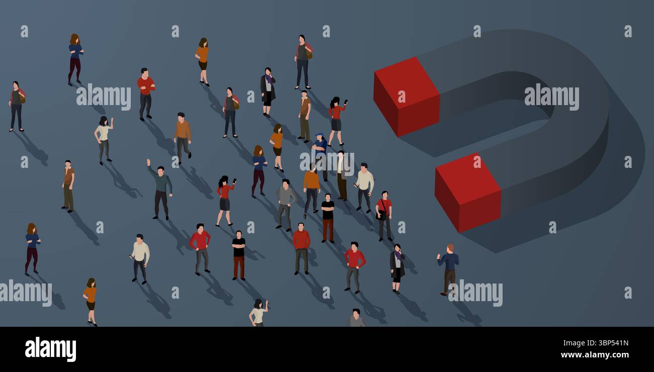 Large group of people attracted by magnet. Marketing or hr concept ...