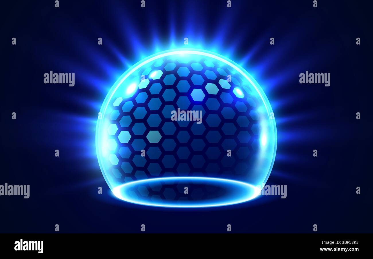 3D transparent sphere protection shield with hexagon pattern and neon ...