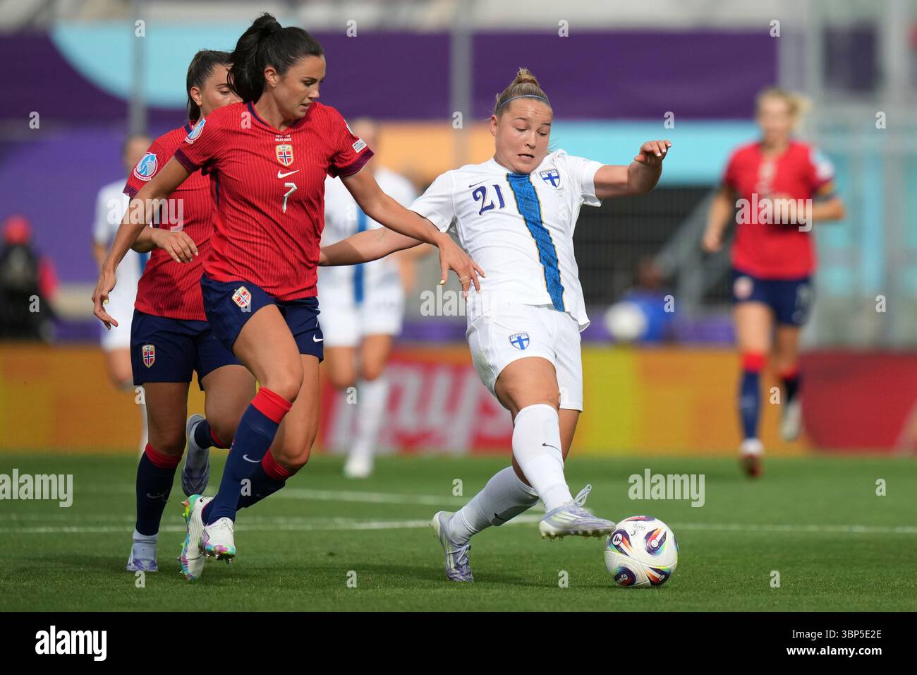 Norway's Ingrid Engen vies for the ball with Finland 's Oona Sevenius ...