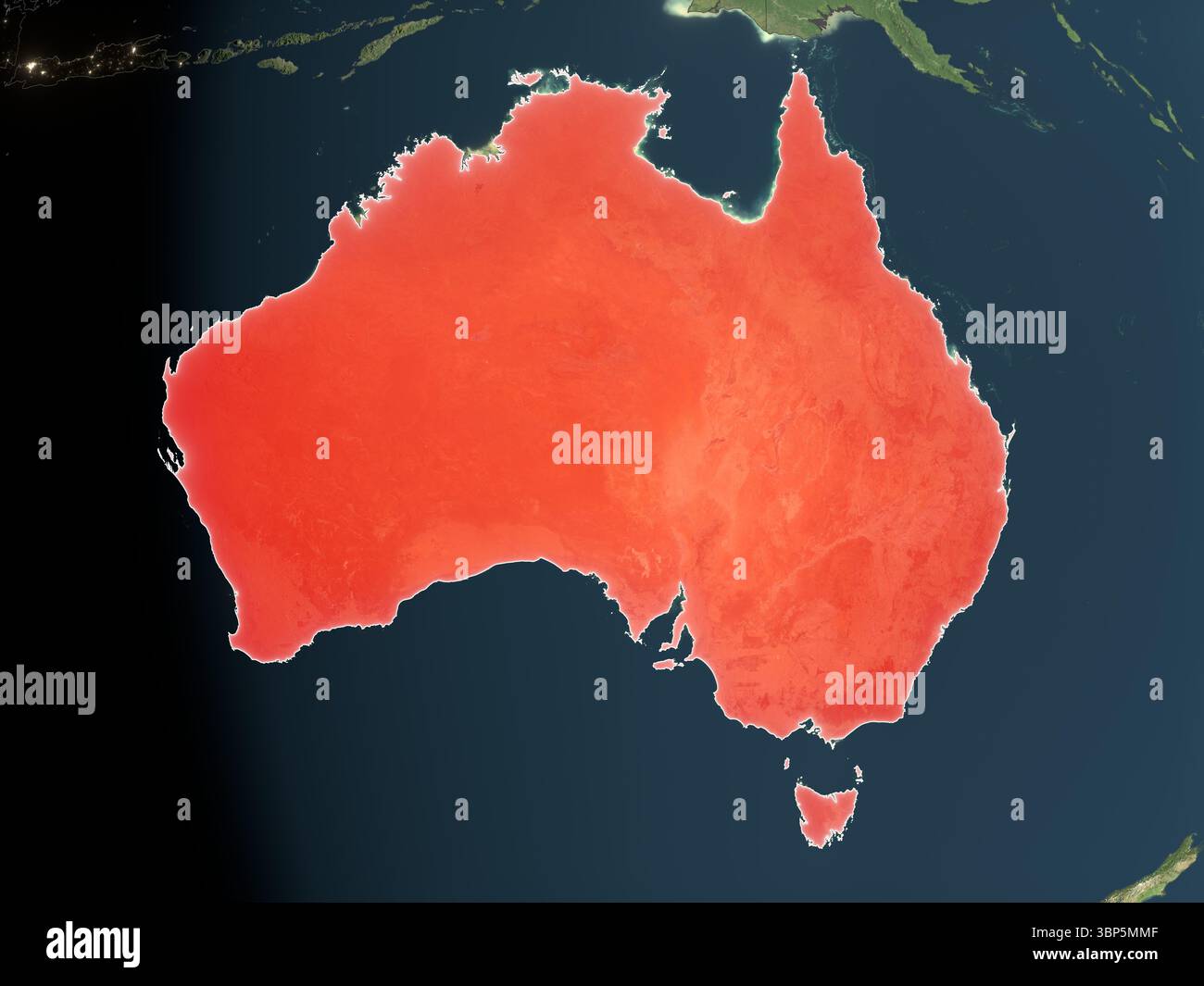 Australia highlighted in red on a realistic map with country borders ...