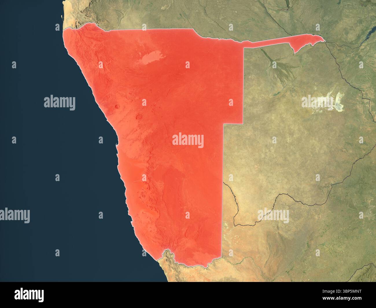 Namibia highlighted in red on a realistic map with country borders ...