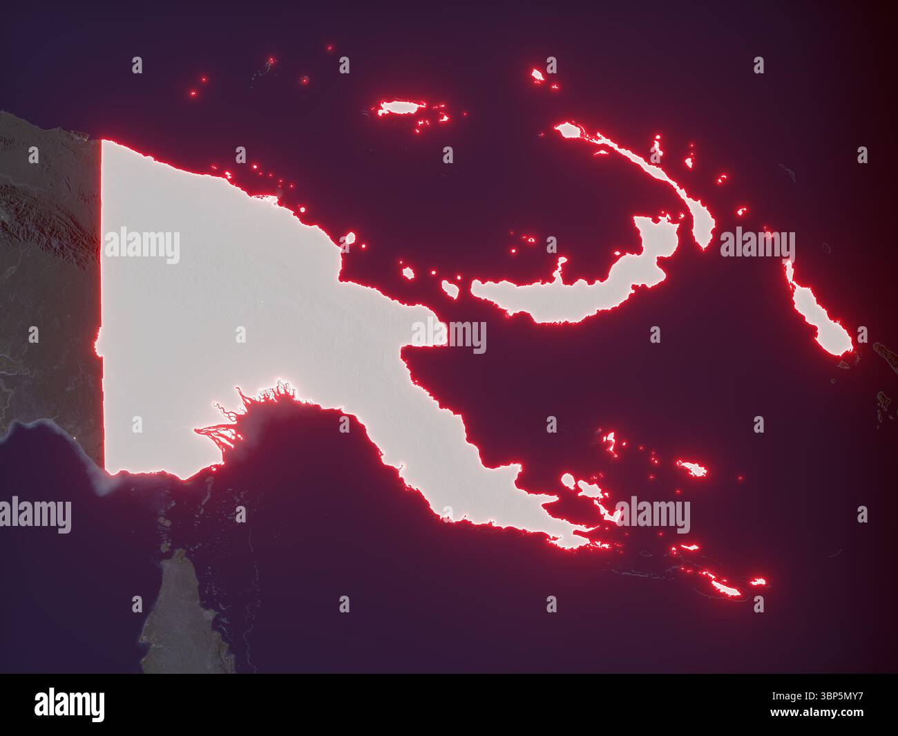 Papua New Guinea highlighted in with red glowing borders on a night map ...