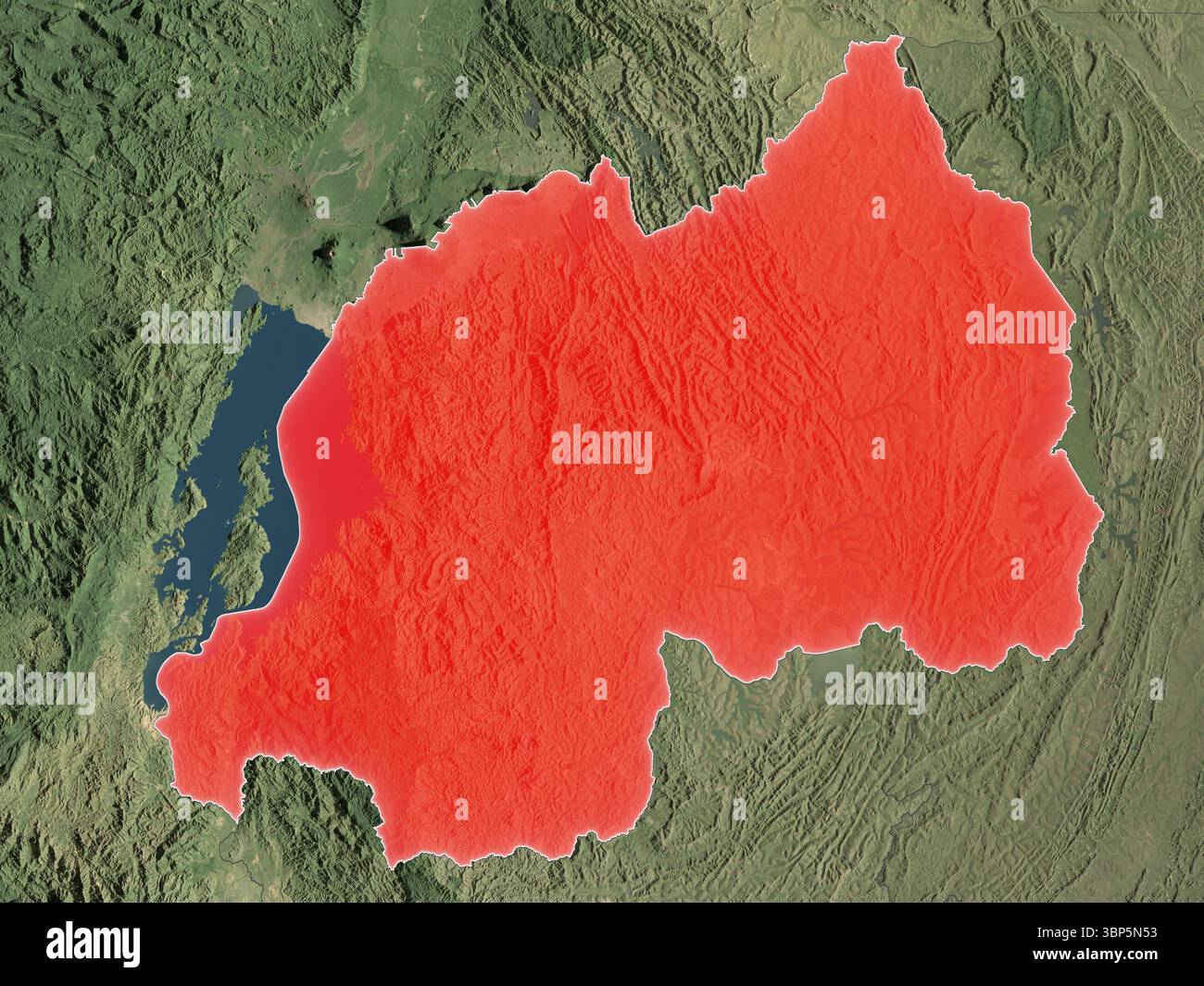 Rwanda highlighted in red on a realistic map with country borders ...