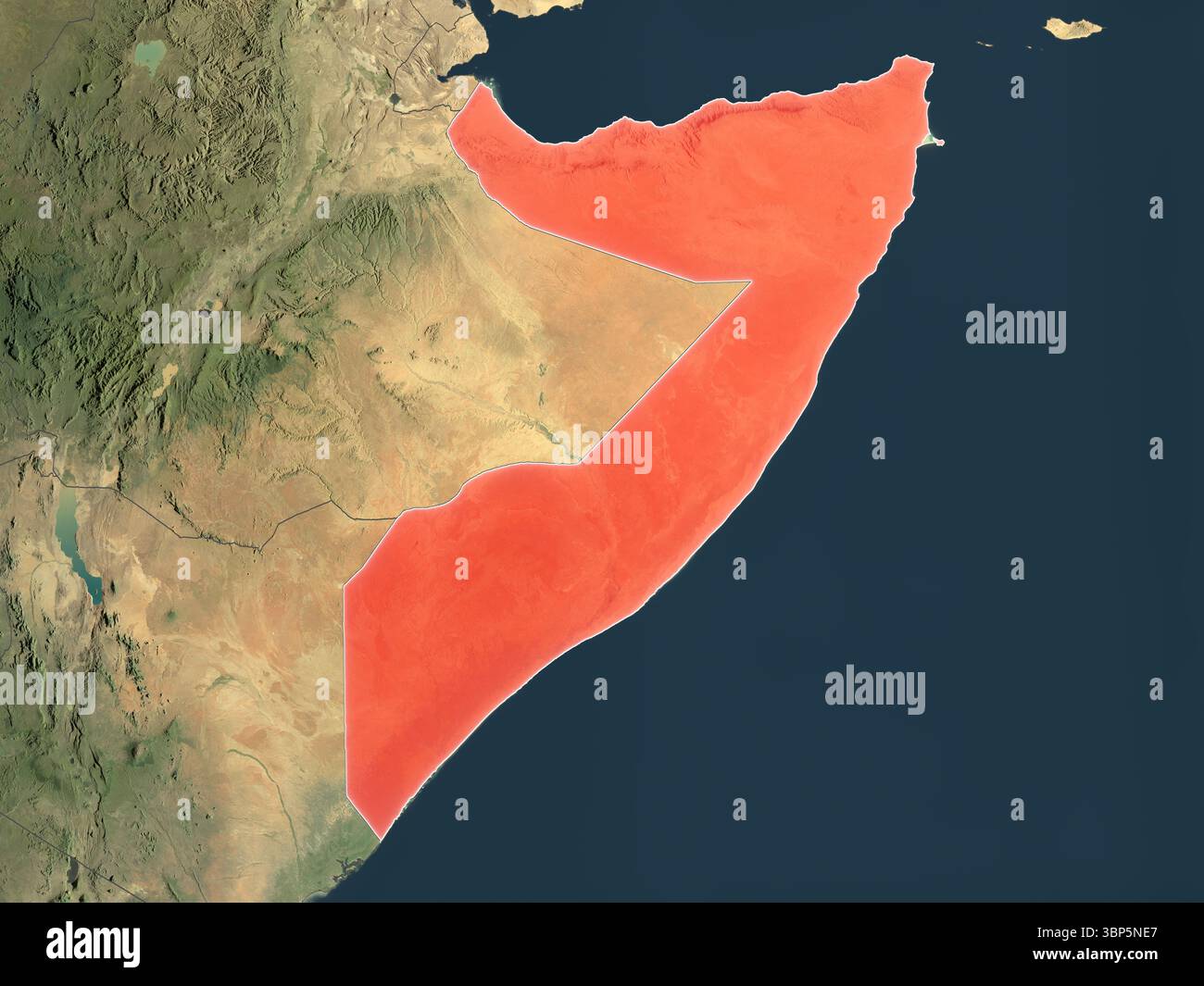 Somalia highlighted in red on a realistic map with country borders ...