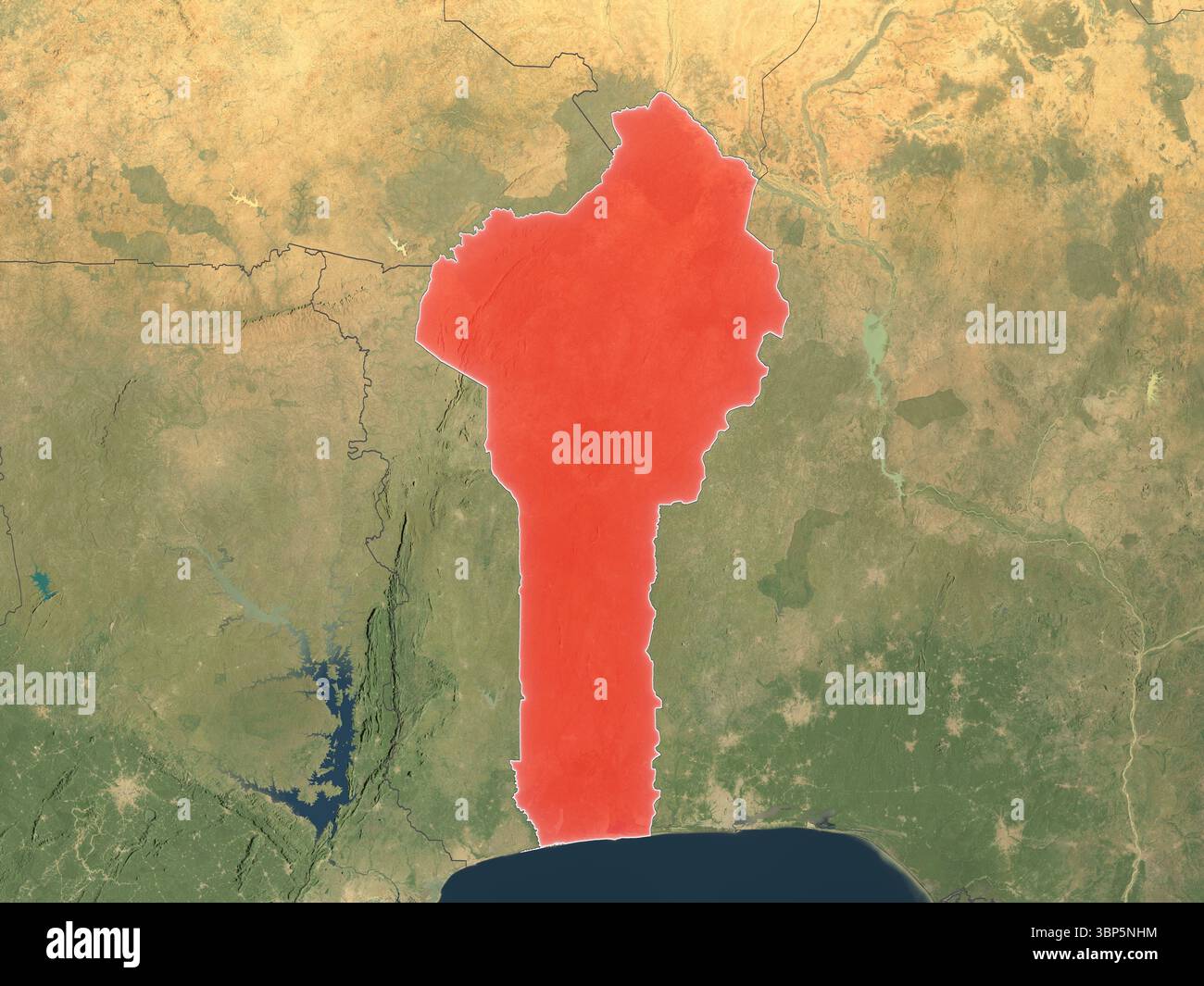 Benin highlighted in red on a realistic map with country borders ...