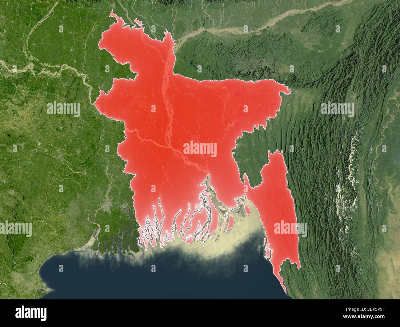 Bangladesh highlighted in red on a realistic map with country borders ...