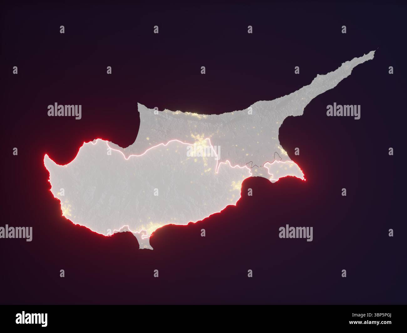 Cyprus highlighted in with red glowing borders on a night map with city ...