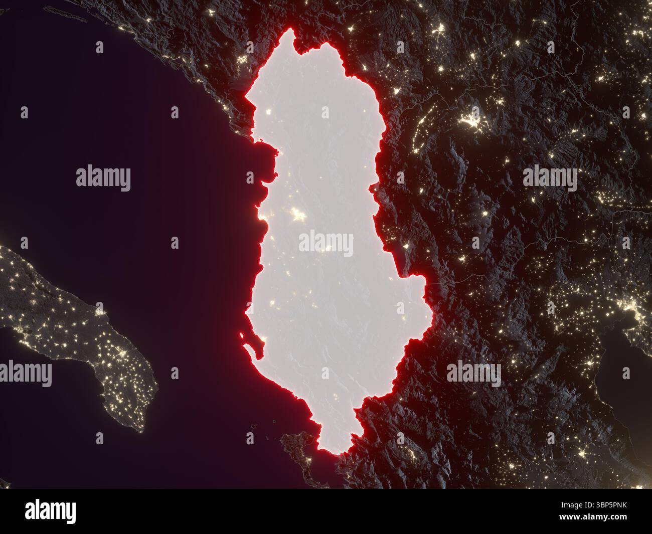 Albania highlighted in with red glowing borders on a night map with ...
