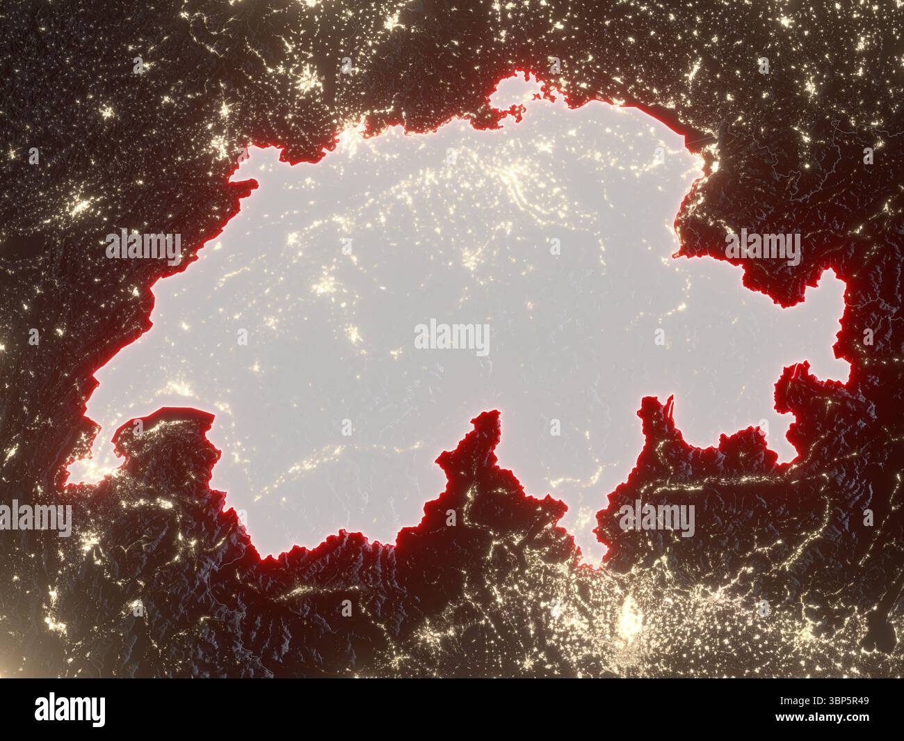 Switzerland highlighted in with red glowing borders on a night map with ...