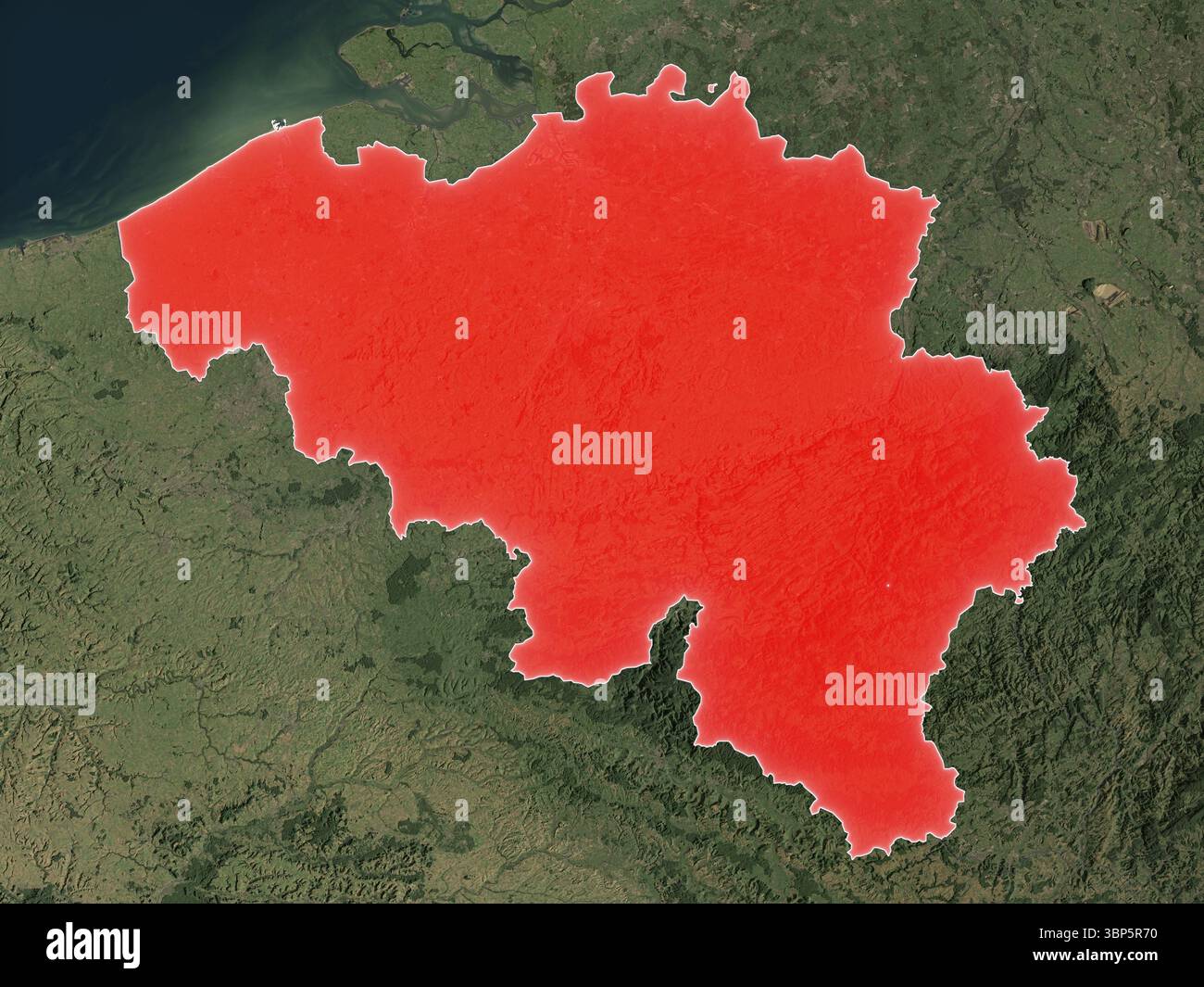 Belgium highlighted in red on a realistic map with country borders ...