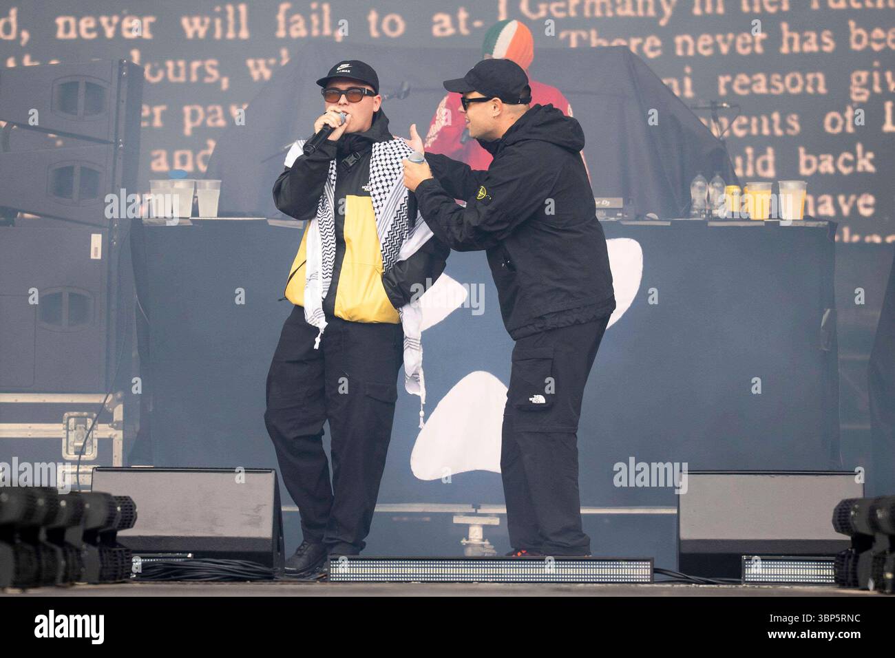 Hip hop trio Kneecap performs in Finsbury Park on Saturday, July 5 ...