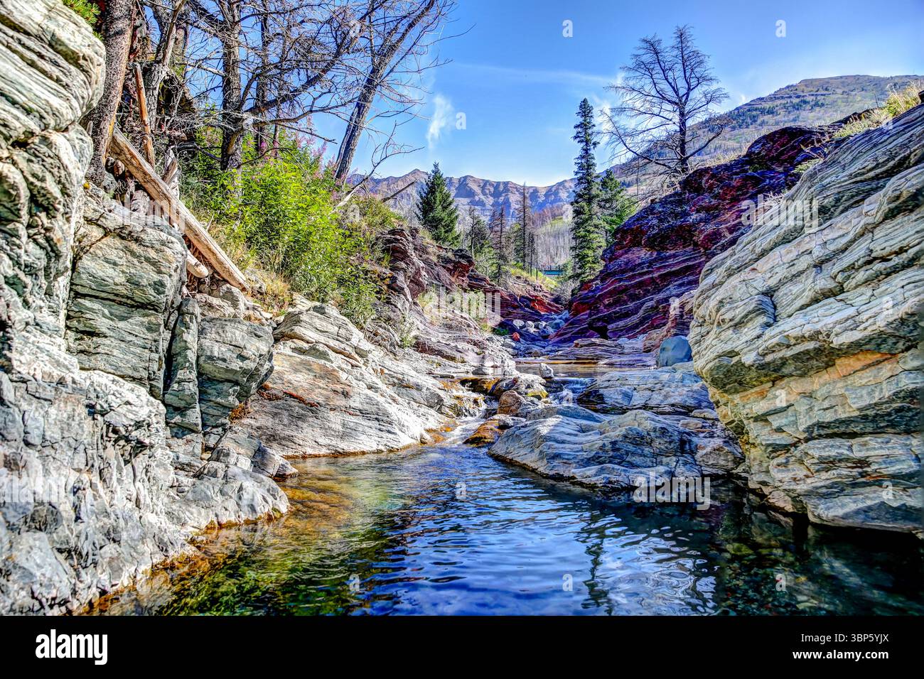 Landscape scenery of Red Rock Canyon and Blackiston Falls at Waterton ...