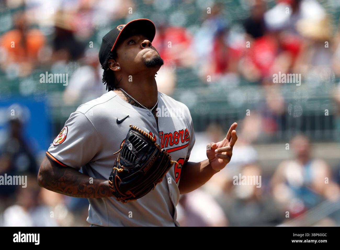 Baltimore Orioles pitcher Gregory Soto reacts after a strikeout to end ...