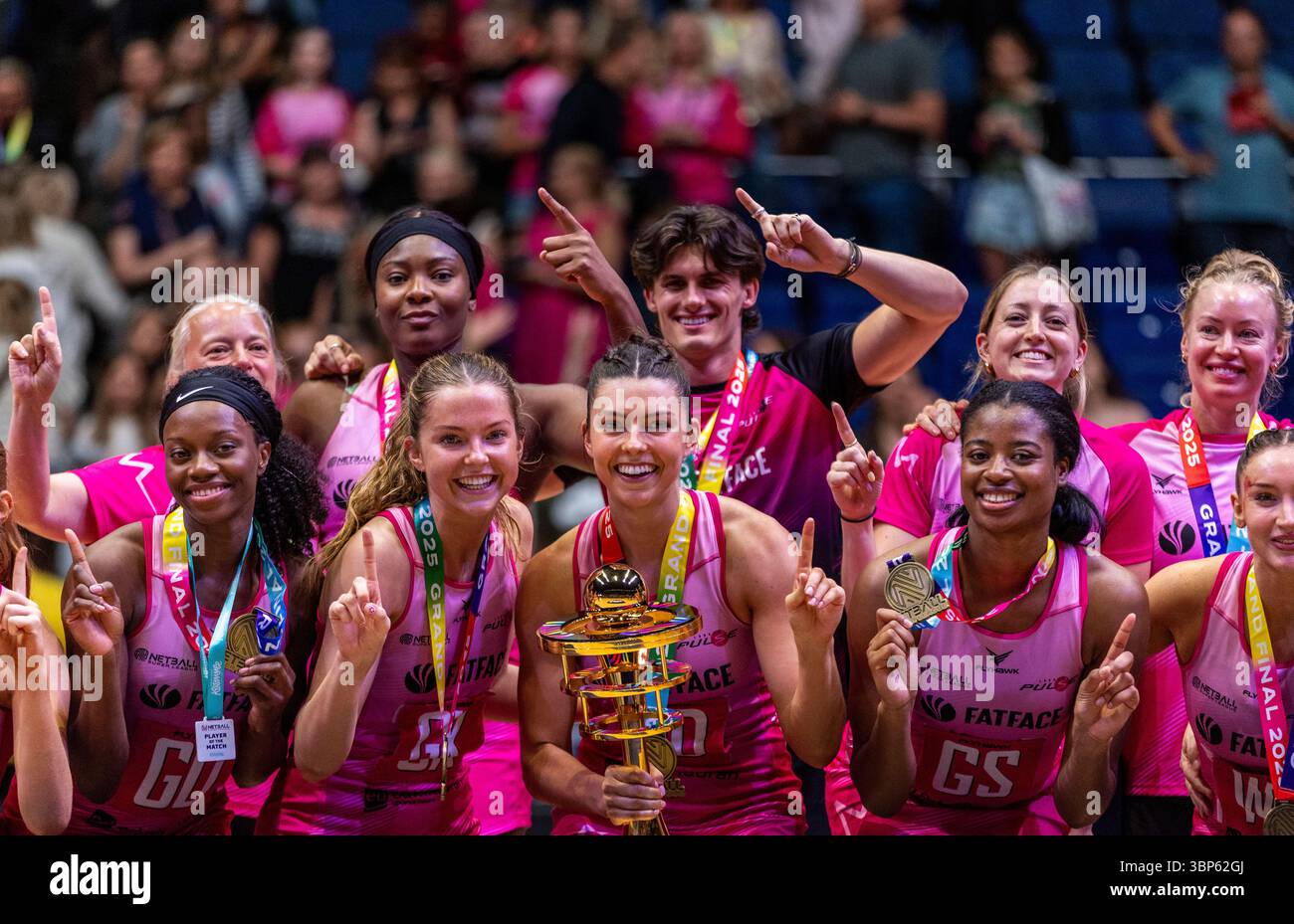 London Pulse players celebrate with the trophy after winning the Netball Super League Grand ...