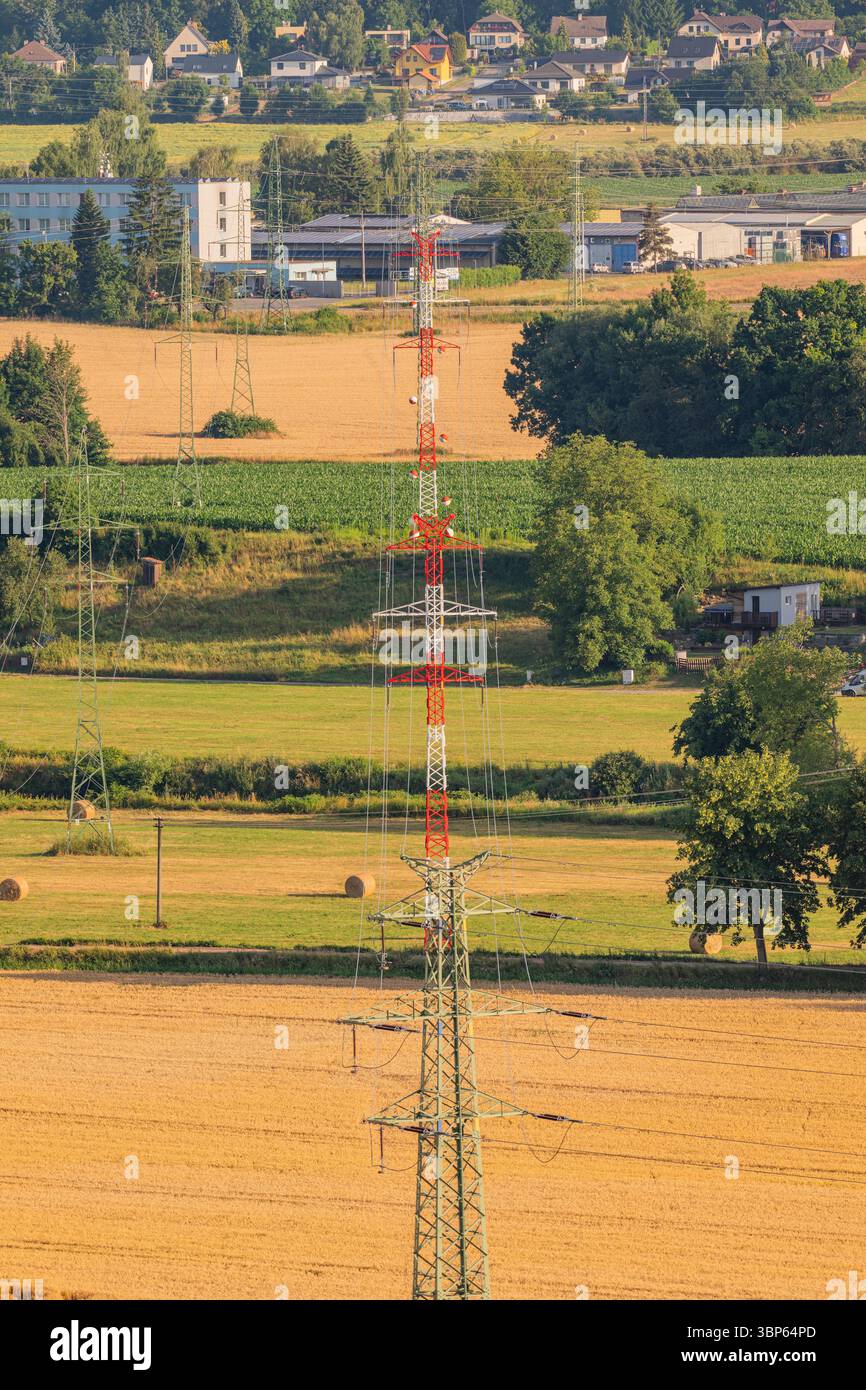 Very high voltage power lines above spring landscape in aerial photo ...
