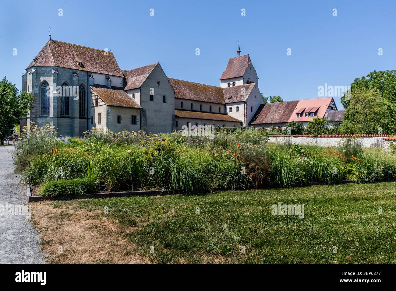 Side view of Reichenau Abbey with monastery garden according to the ...