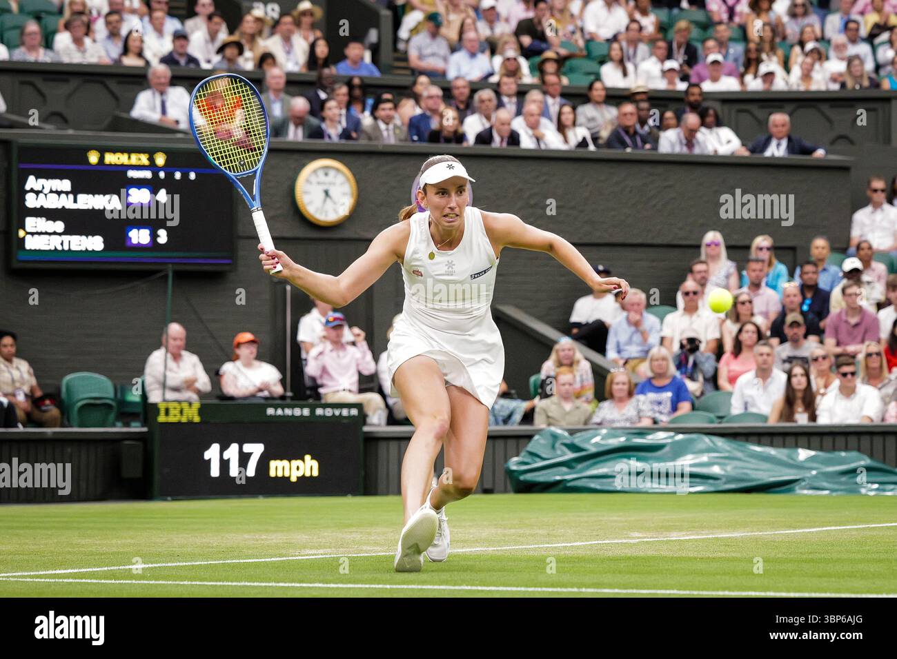 Elise Mertens during her Wimbledon 2025 Women’s Singles fourth round ...