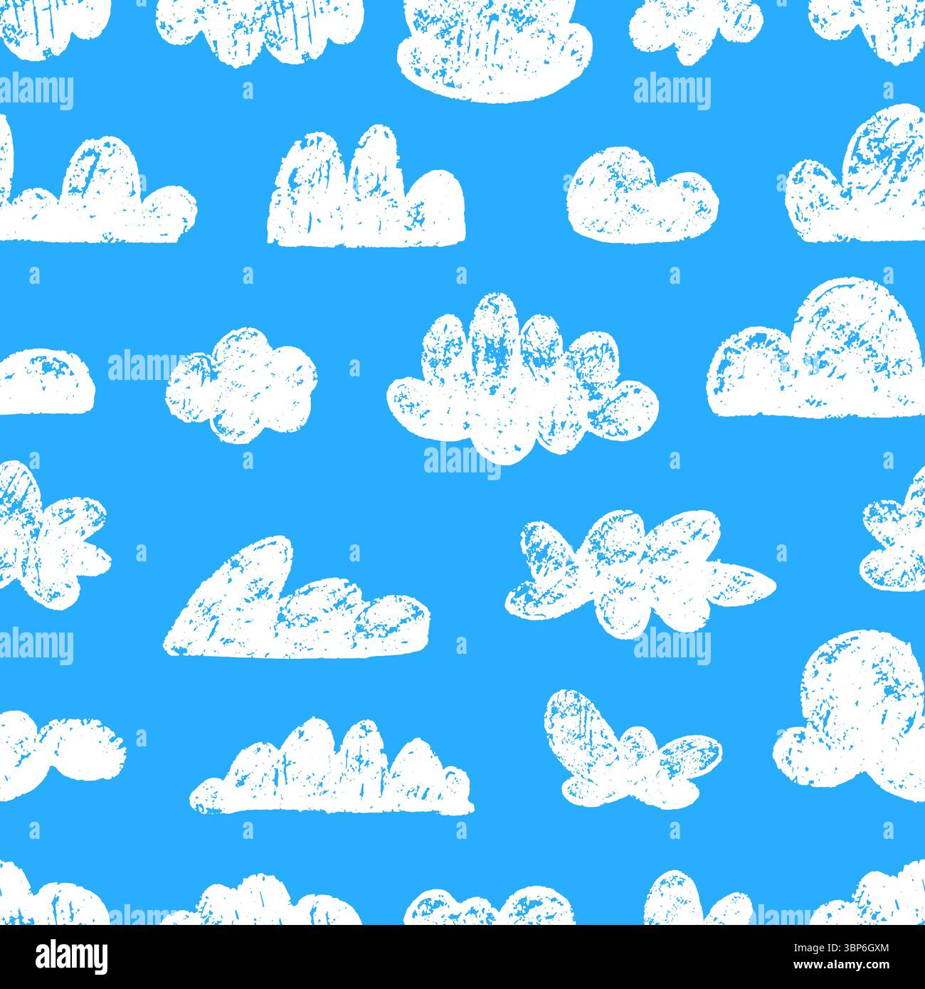 Chalk clouds seamless pattern. White cloud crayon doodle style drawing ...