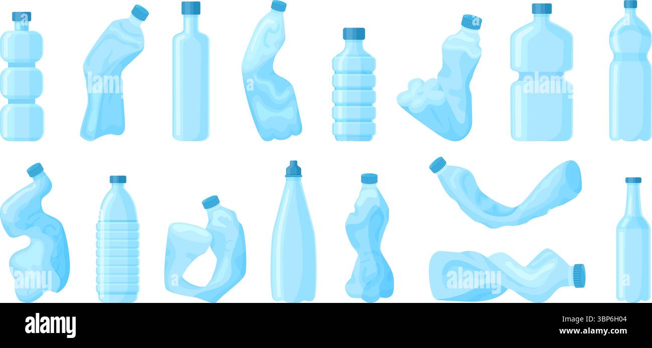 Cartoon crumpled bottles. Plastic trash, crush water containers. Broken ...