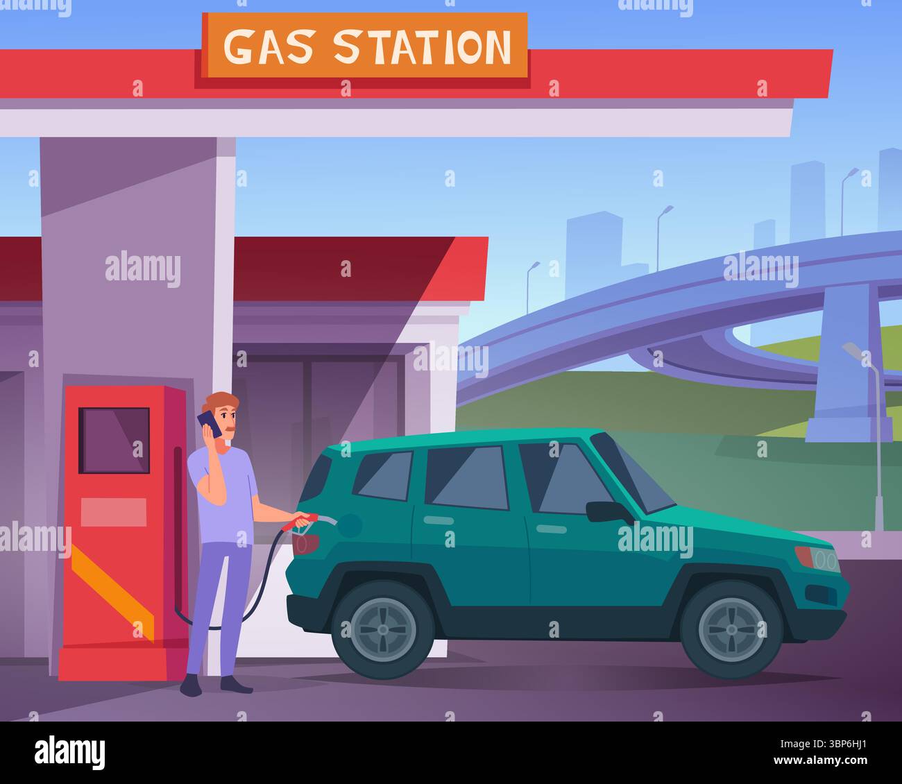 Gas station. cartoon background with refueling automobile Stock Vector ...