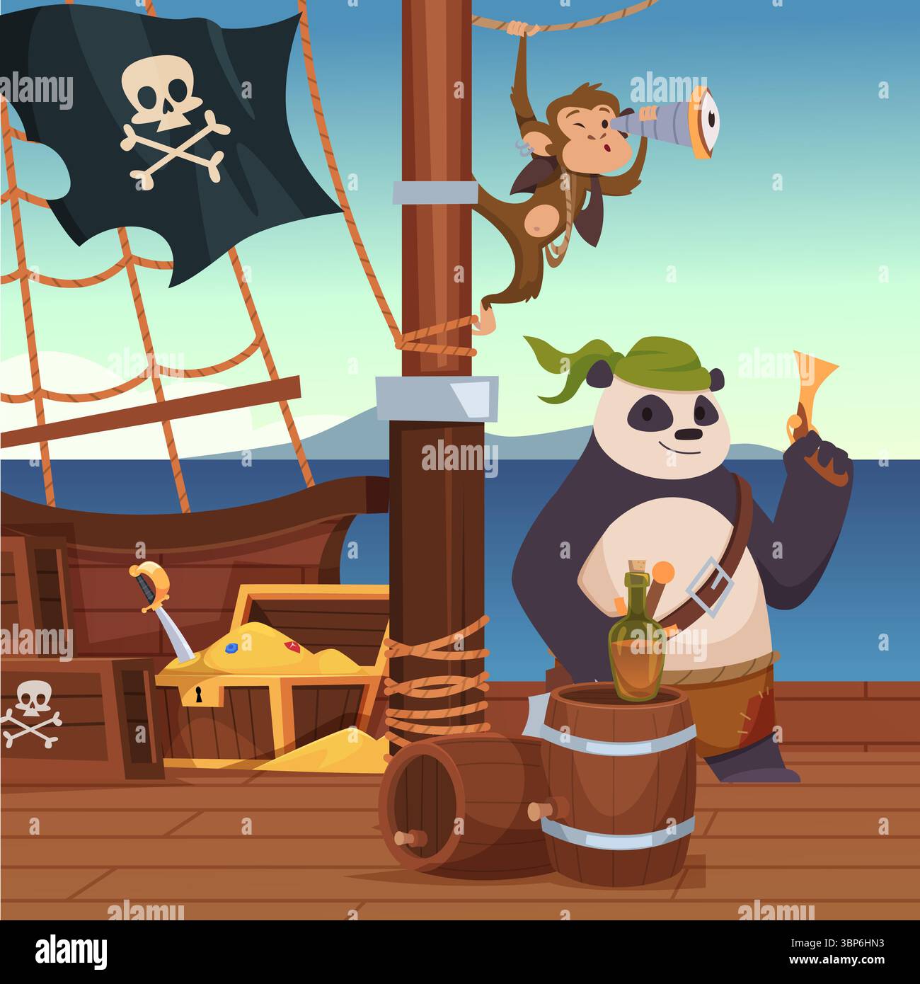 Cartoon pirates. wild animals standing on pirate battleship Stock ...