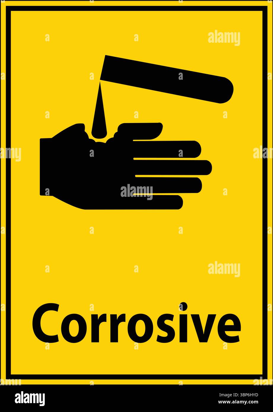 This caution sign features a hand being damaged by a corrosive ...