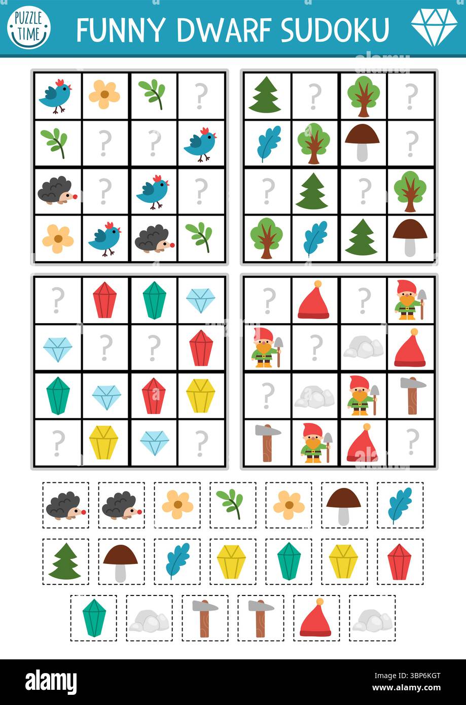 Vector dwarf sudoku puzzle for kids with pictures. Simple woodland ...