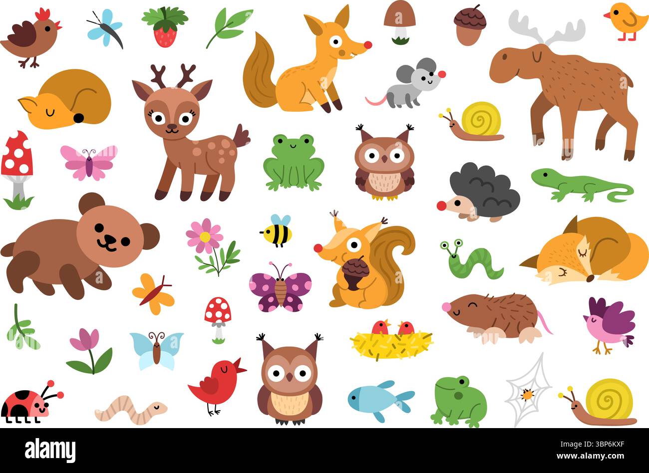 Vector woodland animal clipart set. Cute forest creature icons. Cartoon ...