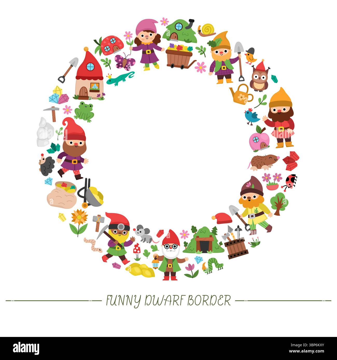 Vector round frame with dwarf, forest animals, house, fairytale ...