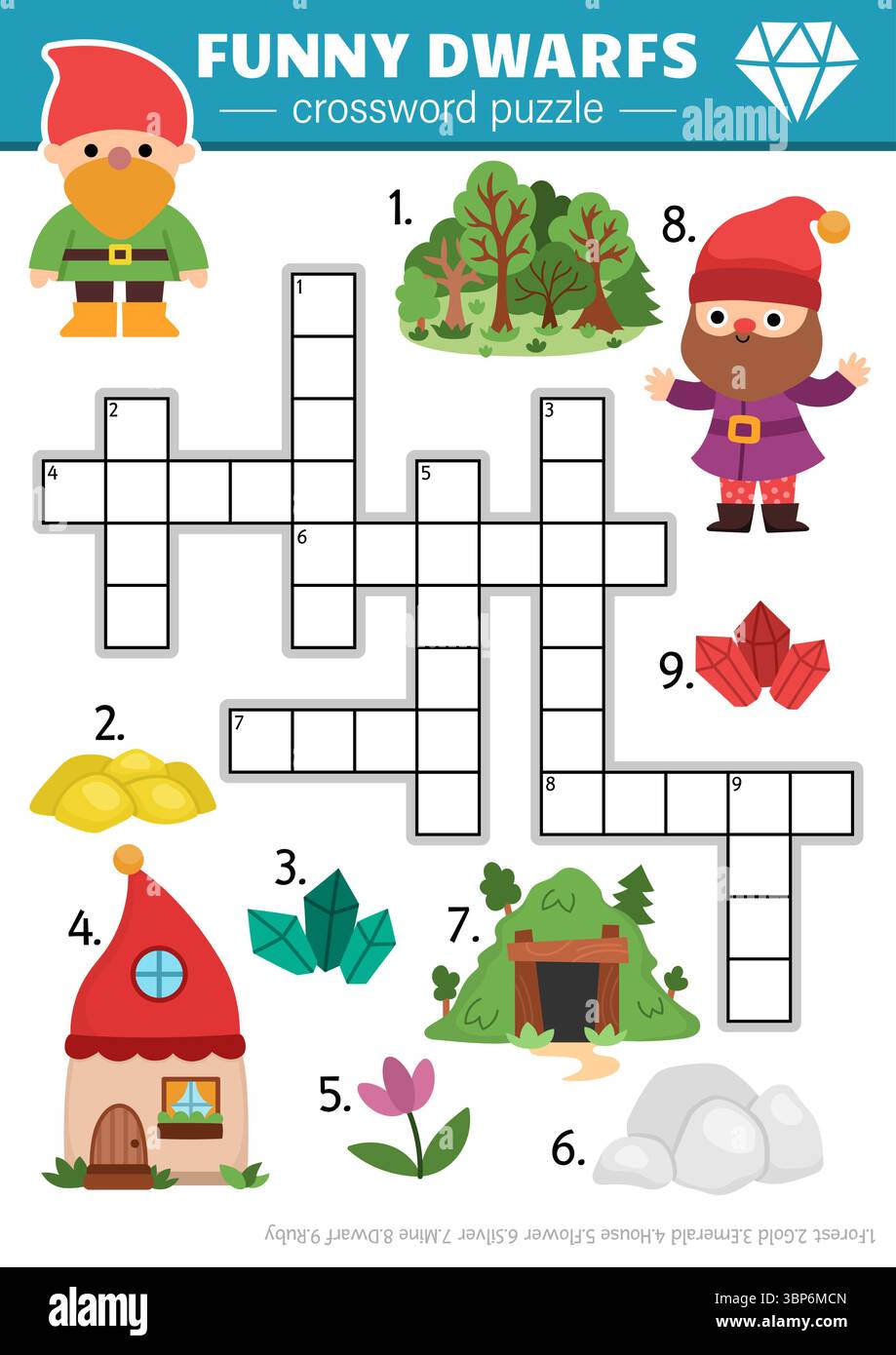Vector dwarf crossword puzzle for kids. Simple quiz with gnome, forest ...