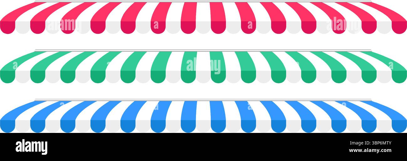 Set of shop awnings. Striped store canopy. Market striped tent isolated on white background ...