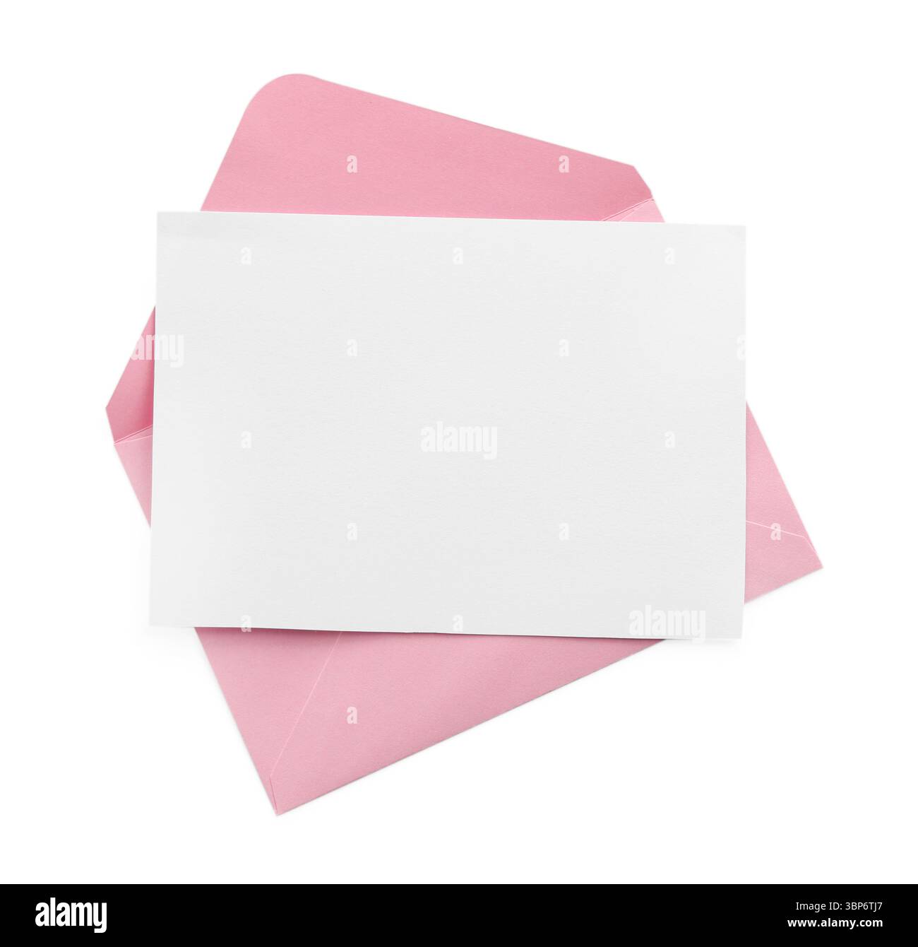 Blank invitation card and envelope isolated on white, top view. Space ...
