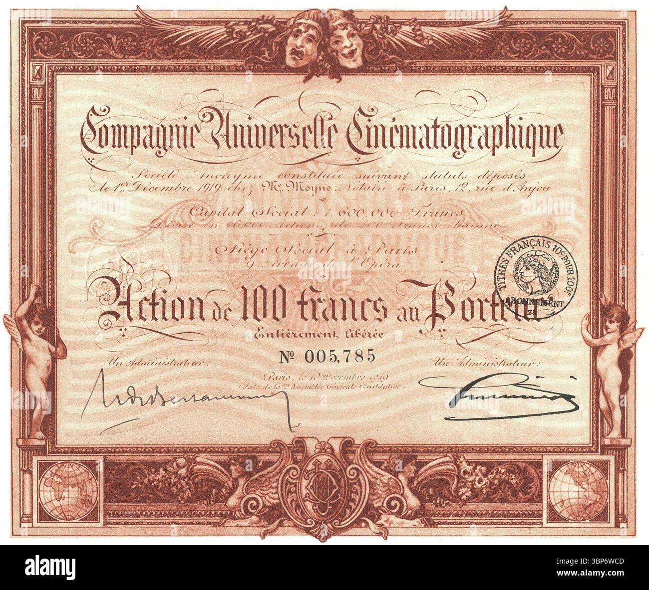 100 francs bearer share certificate issued by the Compagnie Universelle ...