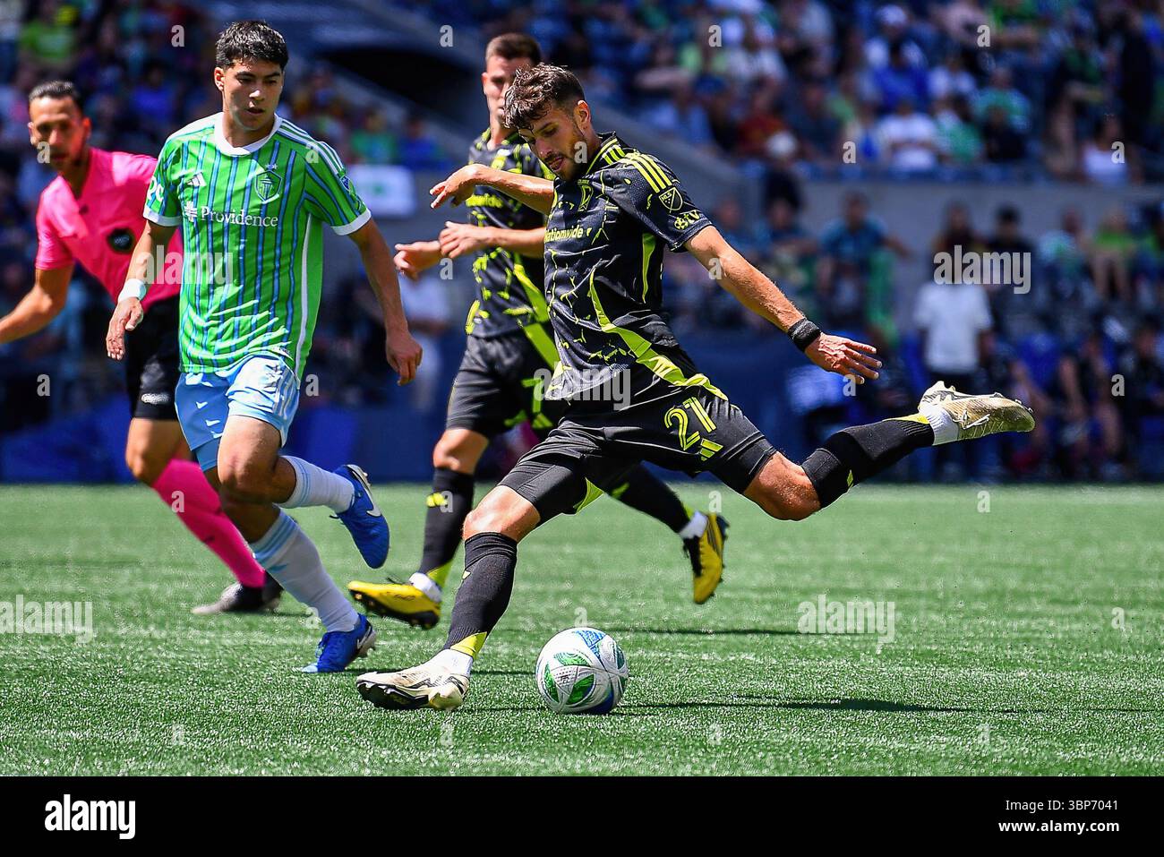 July 06, 2025: Columbus Crew defender Yevhen Cheberko (21) gets a kick ...