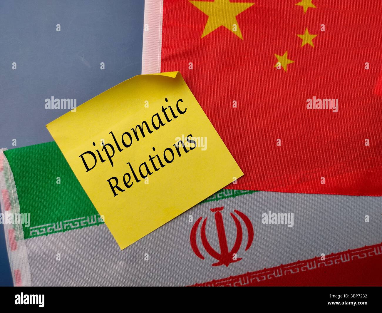 Top view sticky note with the word Diplomatic Relations on a china and ...