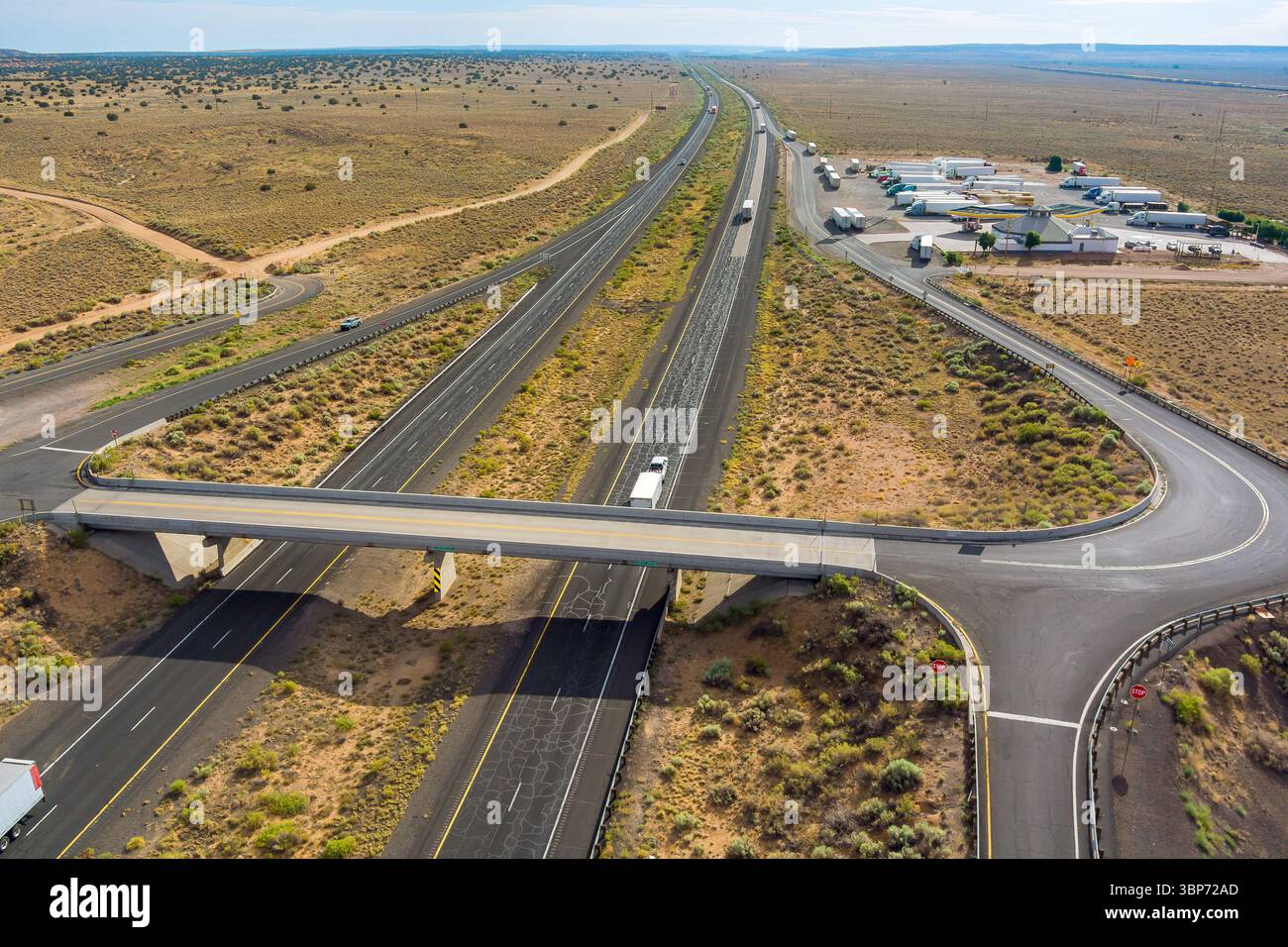 Aerial view of highway interchange in Arizona desert near Fort Defiance ...