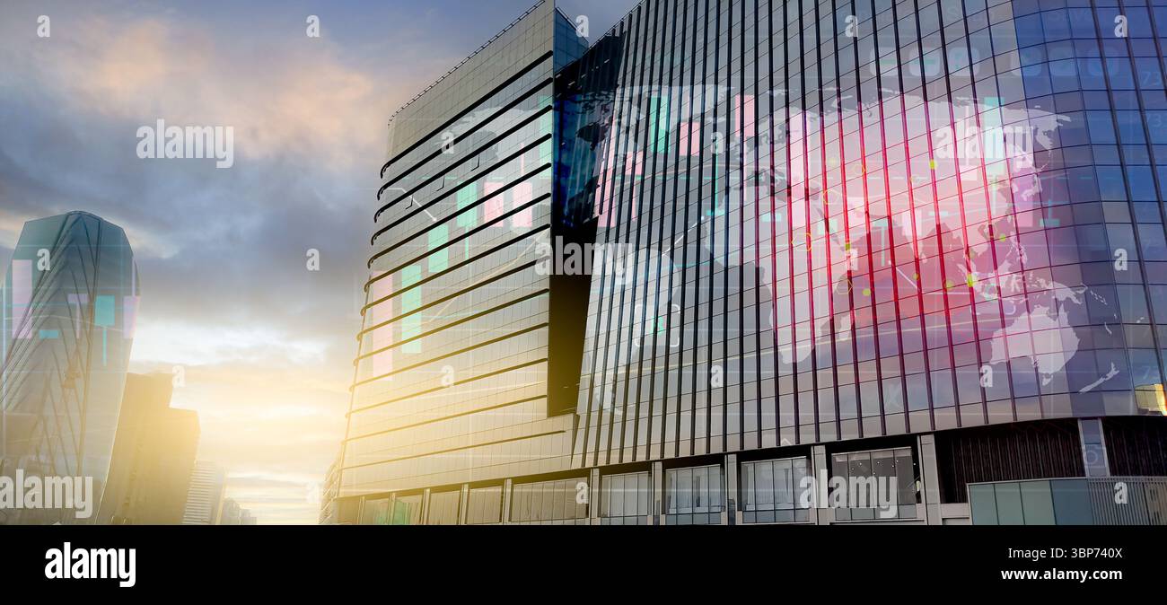 Modern corporate headquarters office with glass facade reflecting ...