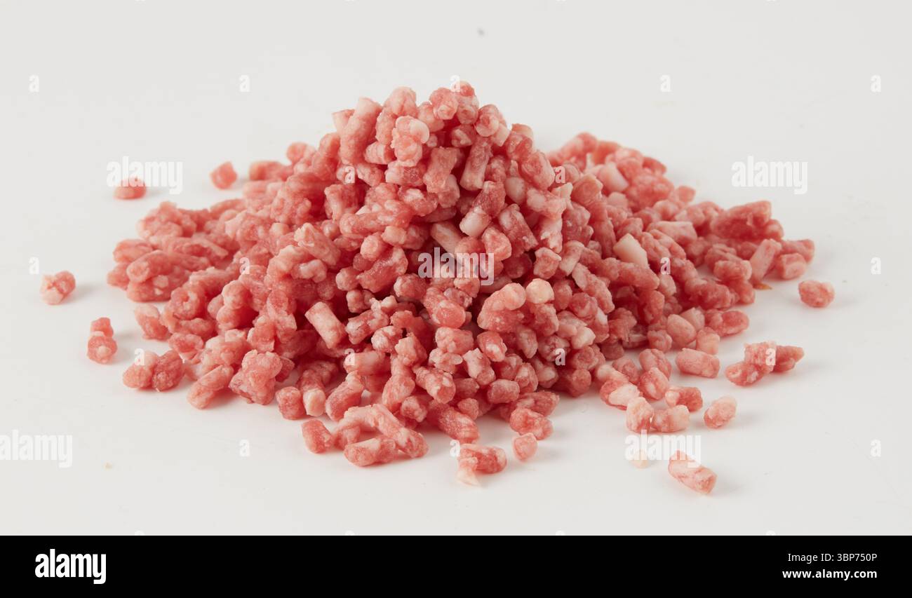 Small fresh minced pork cubes isolated nature background with clipping ...