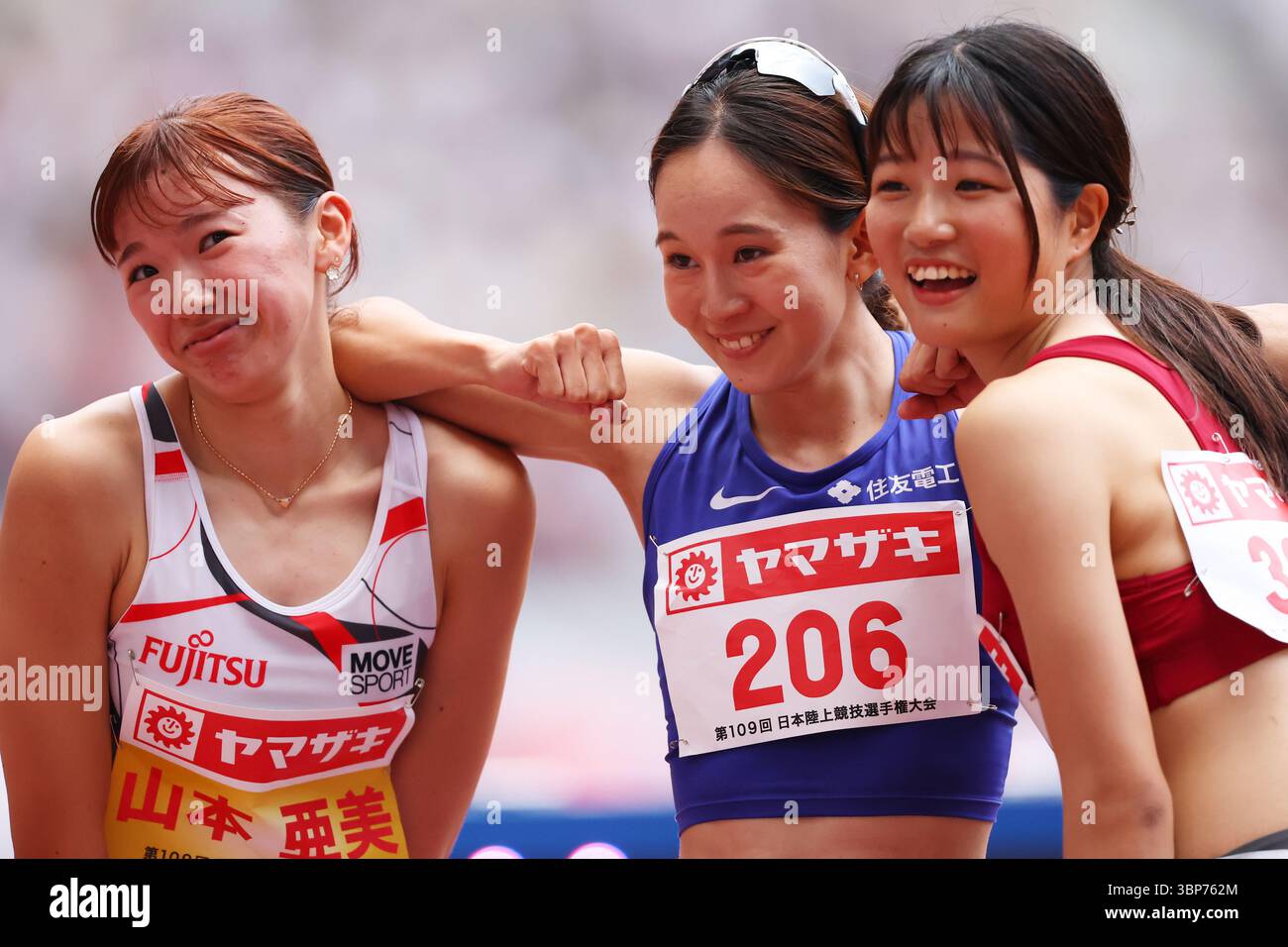 Tokyo, Japan. 5th July, 2025. (L to R) Ami Yamamoto, Satsuki Umehara, Miku Takino Athletics ...