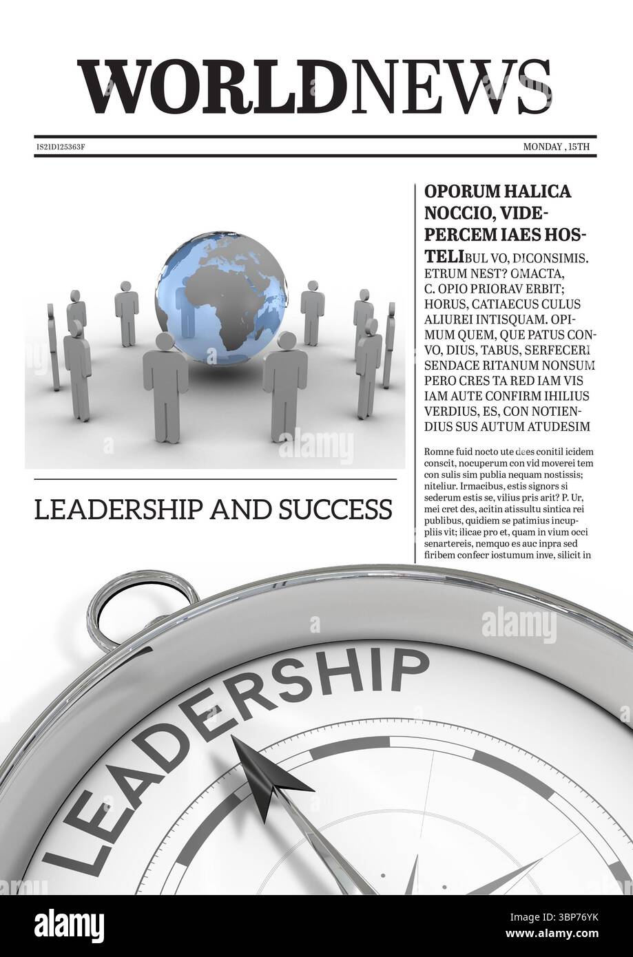 Seven grey figures are circling blue grey globe in flat newspaper ...