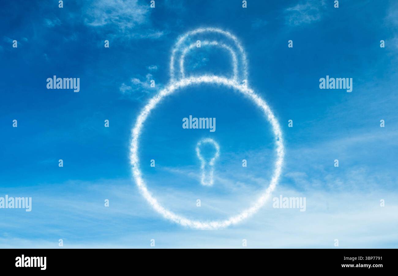 Cloud-formed padlock is floating in bright blue sky digital art ...