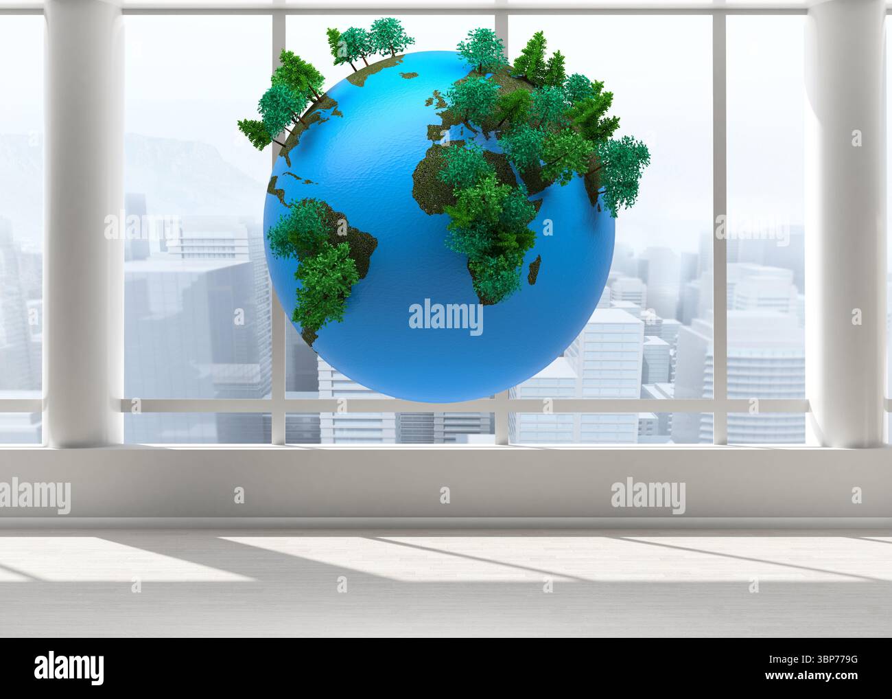 Stylized blue 3D Earth globe is floating before floor-to-ceiling ...