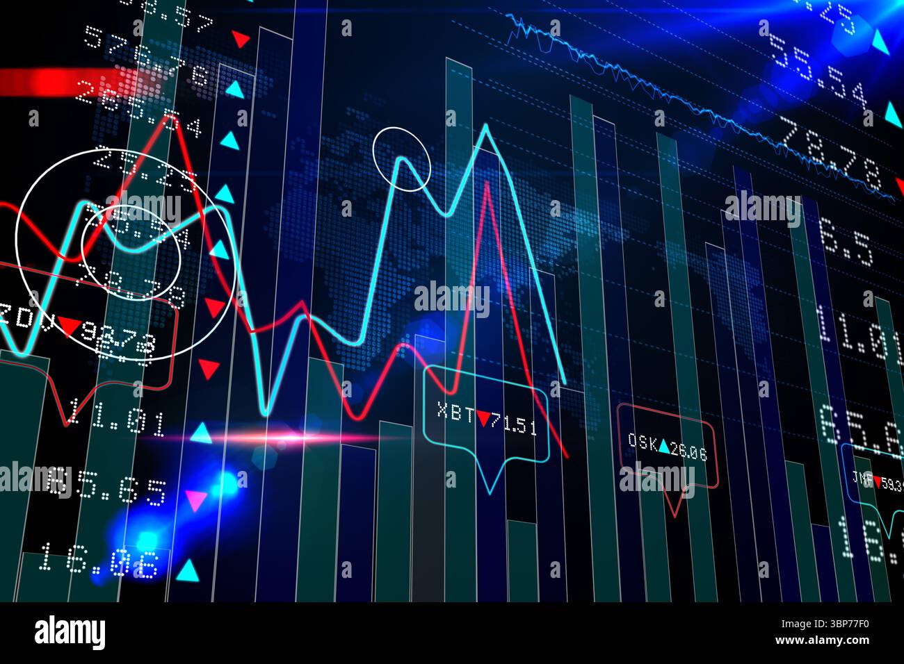 flat trading dashboard showing bar and line charts ticker labels with ...