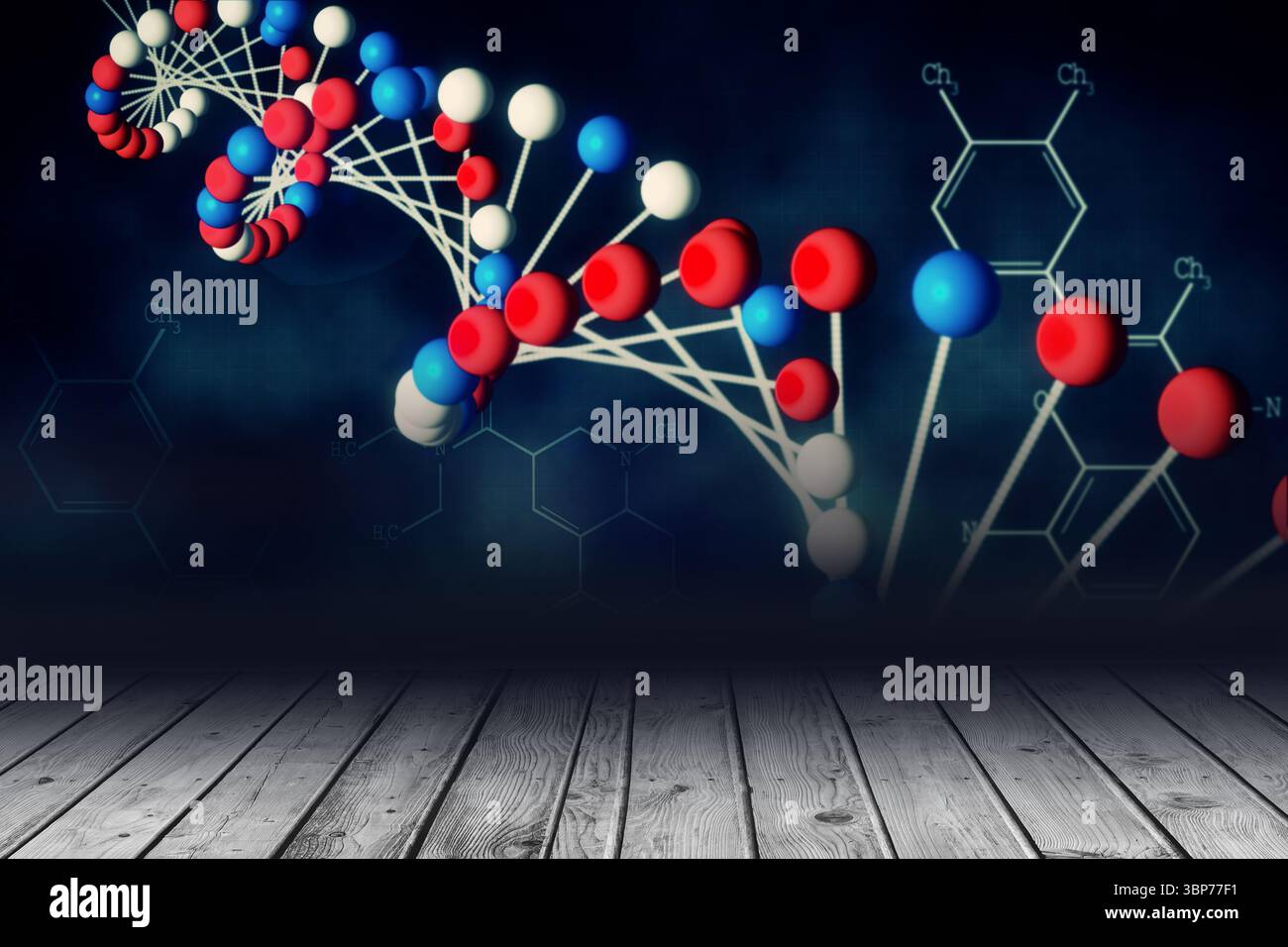 Stylized 3D DNA helix is floating with multicolor spheres over wooden floor with molecular ...
