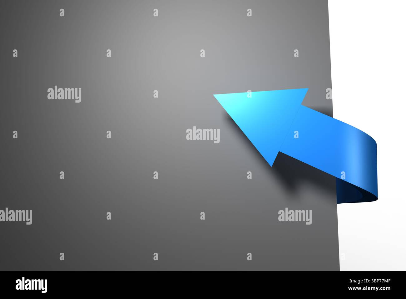 Blue 3D ribbon arrow is wrapping around grey panel edge in gradient ...