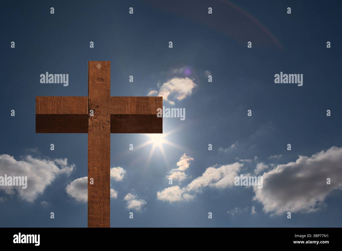 Wooden cross is standing against blue sky in flat design, with sunburst ...