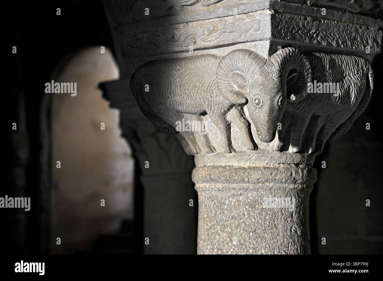 Column capital with ram, relief in stone, underground grove of columns ...